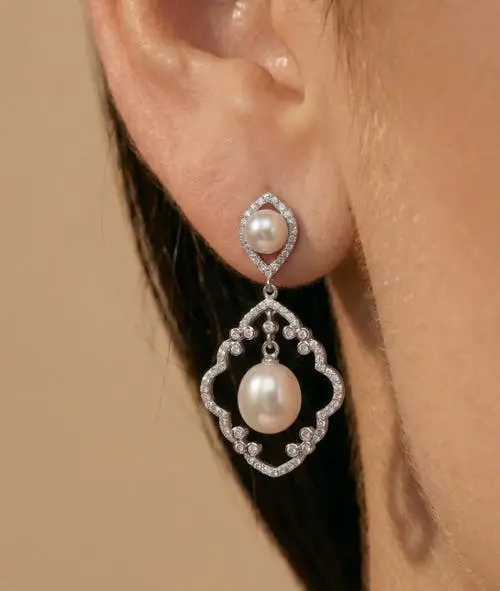 The Pearl Source White Freshwater Pearl Elite Earrings With Cubic Zirconia