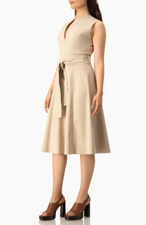 IVONNE Sleeveless Belted Split Neck A-line Midi Dress With Sash