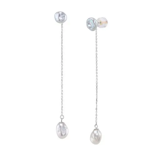 The Pearl Source Double Freshwater Keshi Pearl Drop Earrings - Sterling Silver