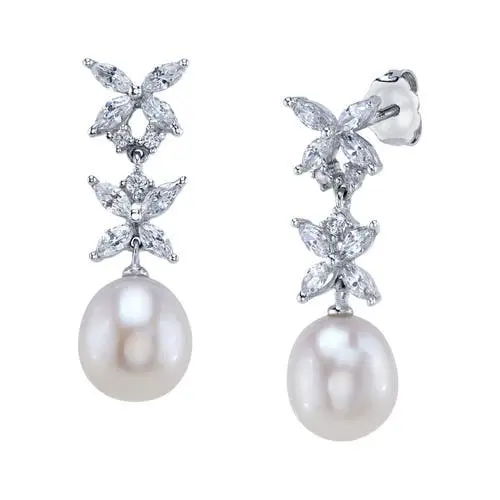 The Pearl Source White Freshwater Pearl Sparkle Drop Earrings - Sterling Silver