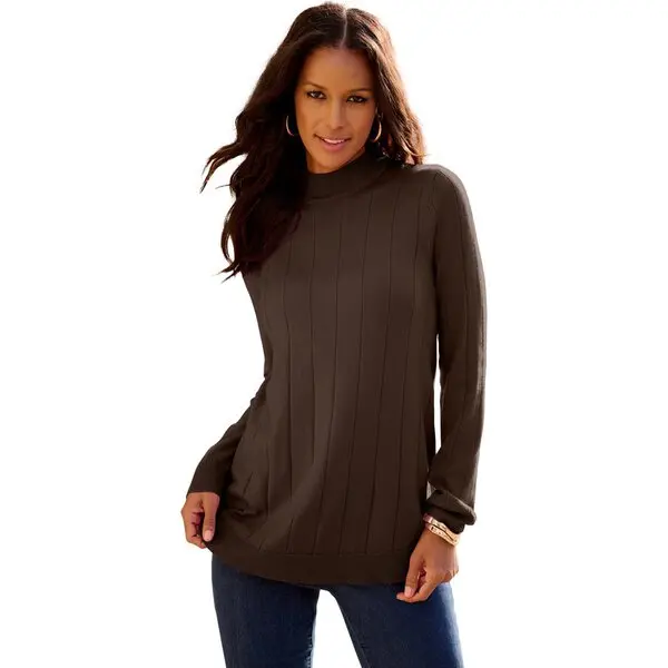 Roaman's Drop Needle Mockneck Lightweight Sweater Knit - Chocolate