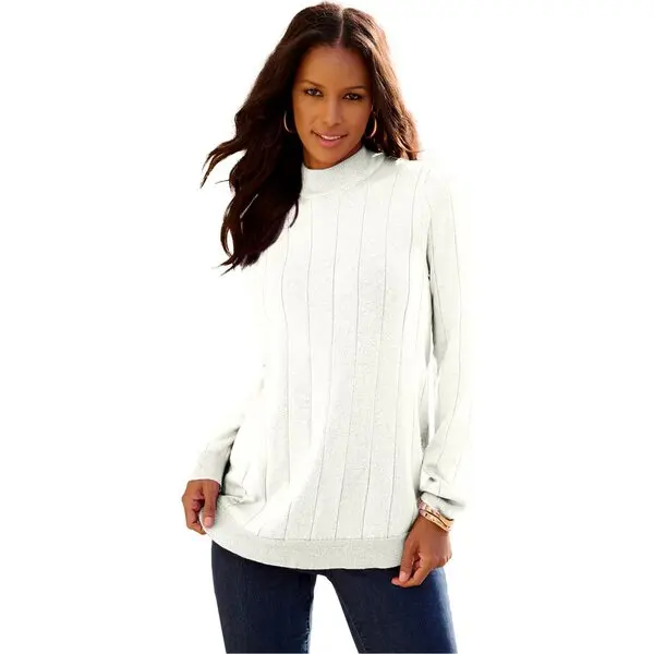 Roaman's Drop Needle Mockneck Lightweight Sweater - Ivory