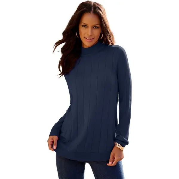 Roaman's Drop Needle Mockneck Lightweight Sweater - Navy