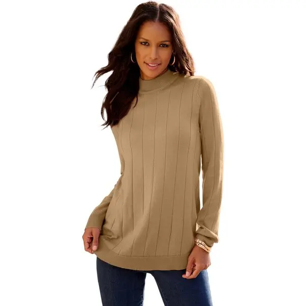 Roaman's Drop Needle Mockneck Lightweight Sweater - Soft Camel