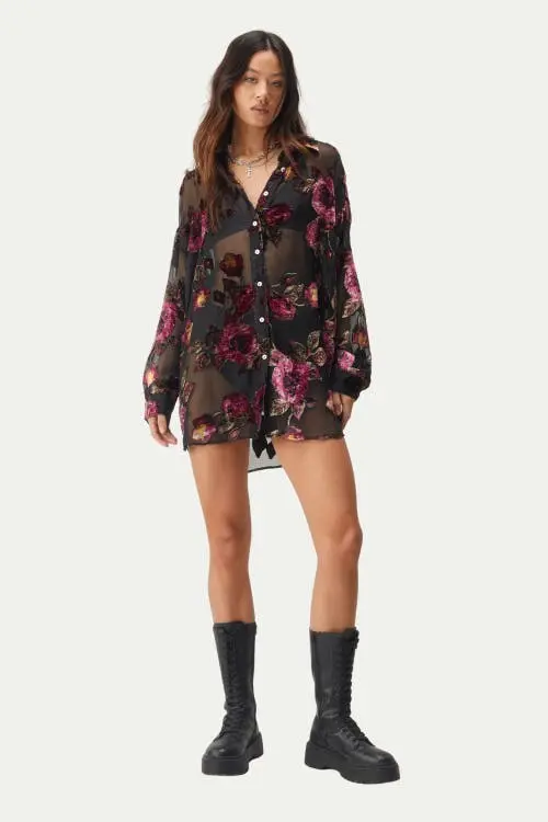 Nasty Gal Devore Oversized Sheer Floral Shirt - Black