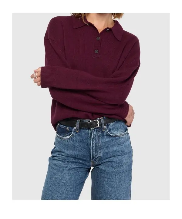 ANINE BING Long-sleeved Knitted Polo Jumper - Wine Red
