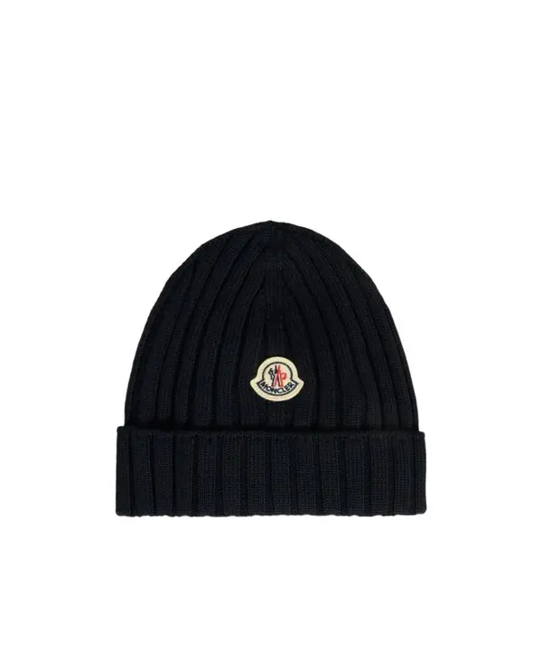 Moncler Ribbed Logo Patch Beanie - Black