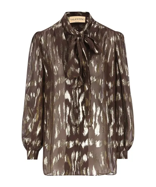 Valentino Garavani Long Sleeve Tie Neck Printed Shirt - Brown