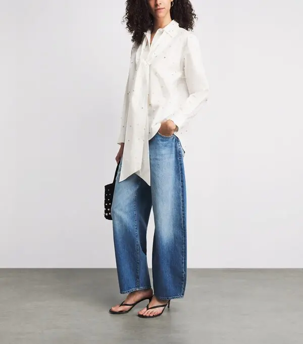 Maje Embellished Cotton Shirt With Tie Neck Detail