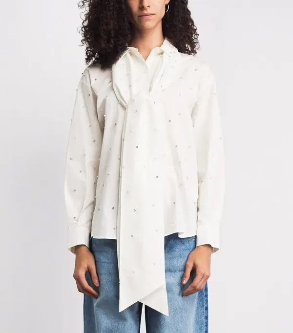Maje Embellished Cotton Shirt With Tie Neck Detail