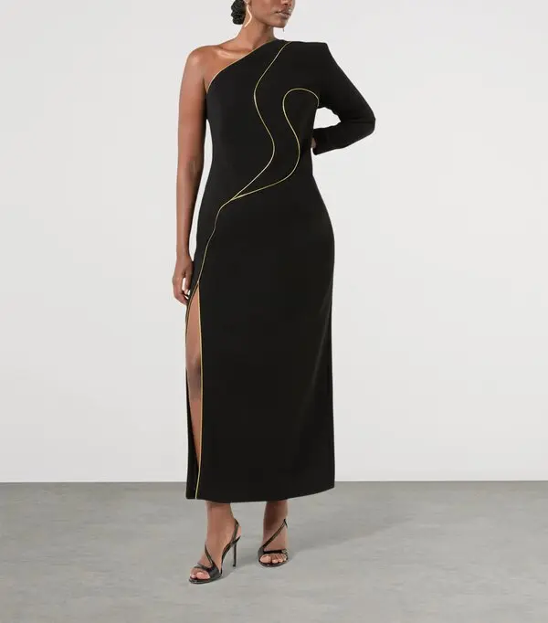 Marina Rinaldi One-shoulder Maxi Dress With Gold Piping