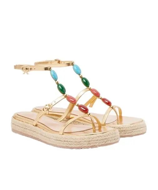 GIANVITO ROSSI Leather Espadrille Sandals With Cabochon Stones