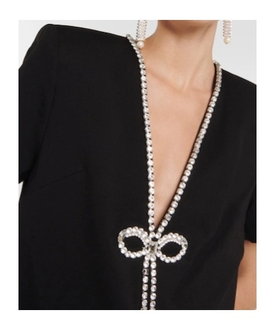 AREA Crystal Bow Embellished V-neck Jersey T-shirt Dress