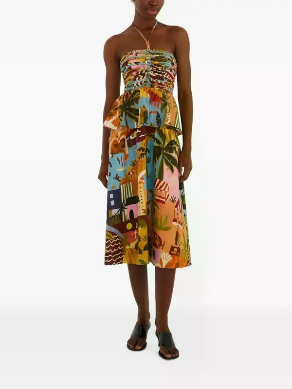 Farm Rio Tropical Painting Ruched Midi Dress - Neutrals