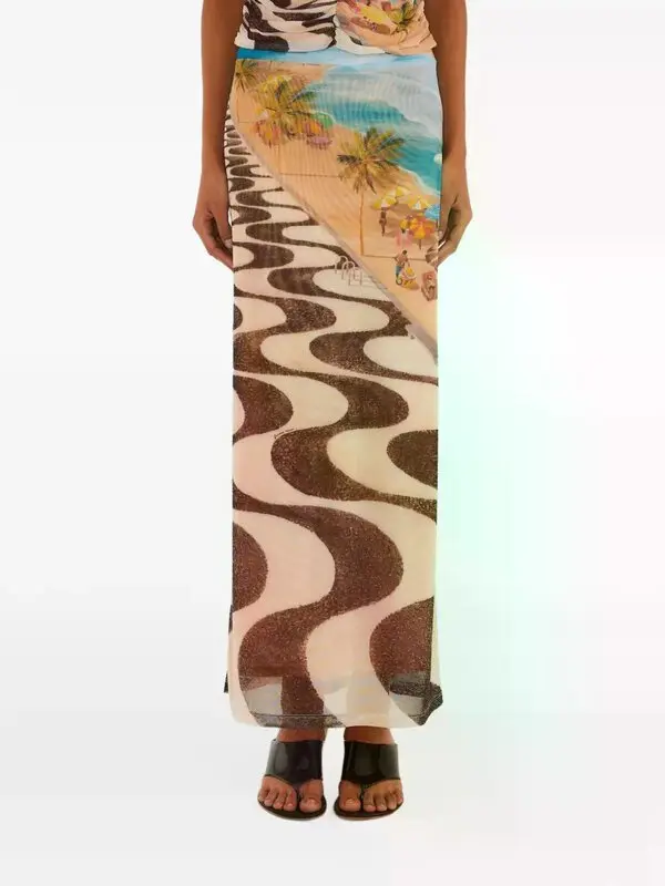 Farm Rio Copacabana Graphic-print Mesh Maxi Skirt - Neutrals