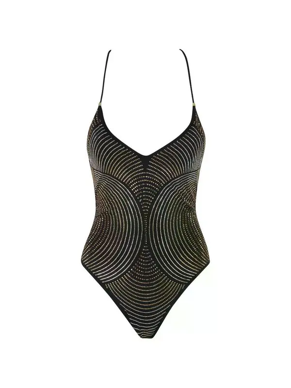 PIN-UP STARS Rhinestone-embellished Crossover-strap Swimsuit - Black