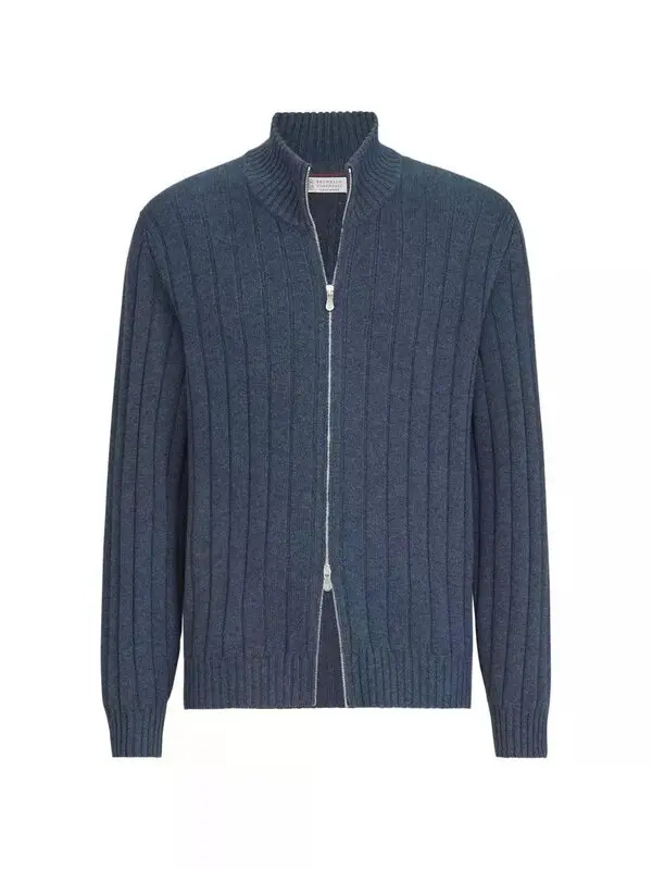 Brunello Cucinelli Cashmere Ribbed High Neck Zip Cardigan - Blue