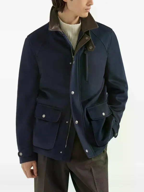 Brunello Cucinelli Virgin Wool Cloth Field Jacket With Nappa Leather Inserts