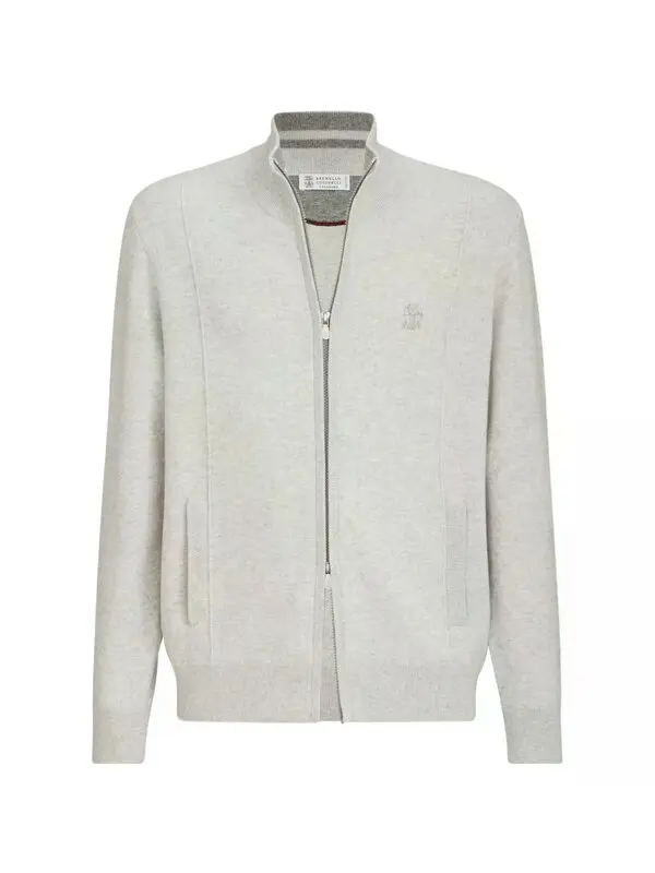 Brunello Cucinelli Cashmere Double Knit Cardigan With Zipper And Logo - Grey