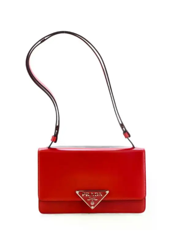 Prada Embleme Triangle Logo Flap Bag Spazzolato Leather Medium Shoulder Bag - Red