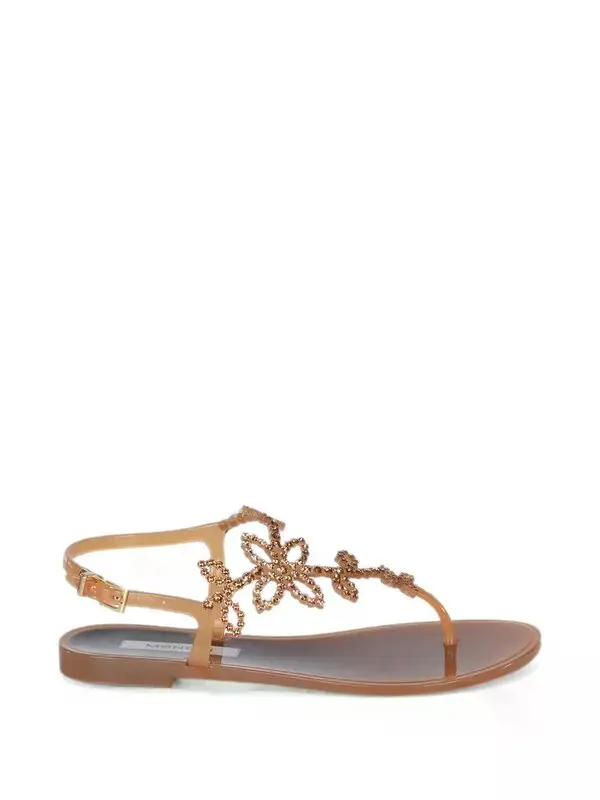Menghi Crystal Embellished Floral Detail Flat Sandals - Neutrals
