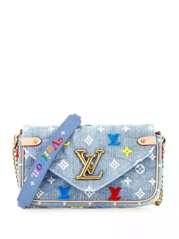 LOUIS VUITTON New Wave Chain Pochette Monogram Embroidered Quilted Denim Crossbody Bag - Blue