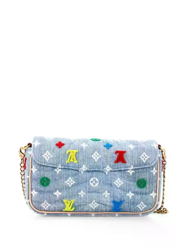 LOUIS VUITTON New Wave Chain Pochette Monogram Embroidered Quilted Denim Crossbody Bag - Blue