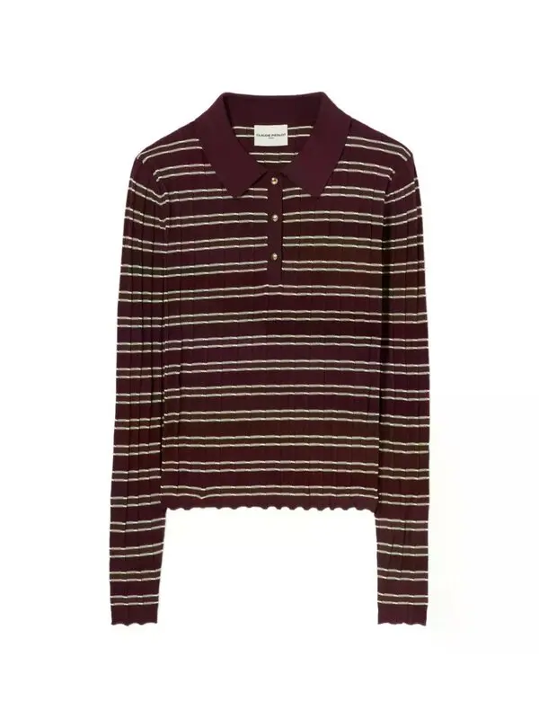 Claudie Pierlot Striped Ribbed-knit Polo Top