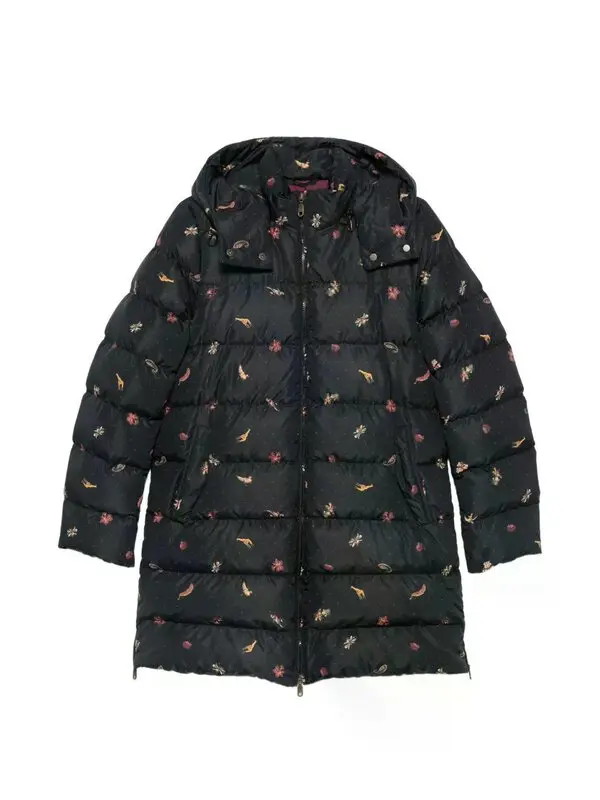 Etro Quilted Hooded Coat With Animal And Floral Print - Black