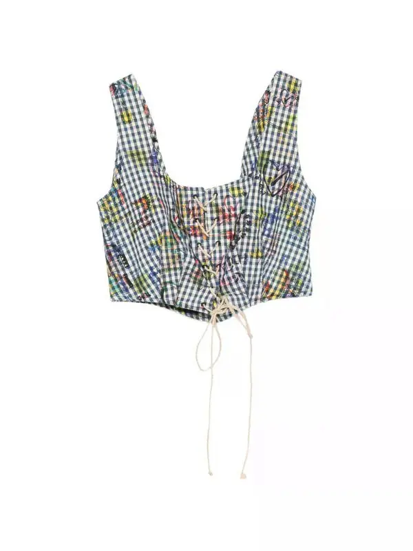 VIVIENNE WESTWOOD Sleeveless Cropped Gingham Graphic Print Lace-up Top - Blue
