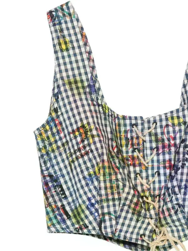 VIVIENNE WESTWOOD Sleeveless Cropped Gingham Graphic Print Lace-up Top