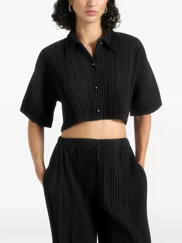 Manière De Voir Mona Cropped Pleated Short-sleeve Shirt - Black