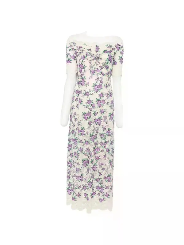 Rabanne Floral-embroidered Lace-texture Midi Dress - Neutrals