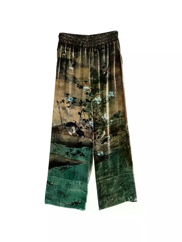 PIERRE-LOUIS MASCIA Landscape Print Velvet-effect Trousers - Green