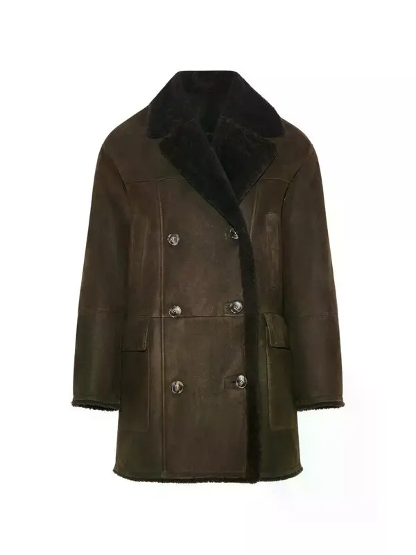 YVES SALOMON Double-breasted Shearling Pea Coat - Brown