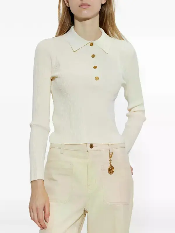 Michael Kors Ribbed-knit Long-sleeve Polo Top - Neutrals
