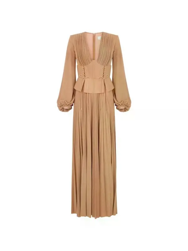 Elisabetta Franchi Long Sleeve Lamé-effect Jersey Gown With Bustier Belt - Neutrals