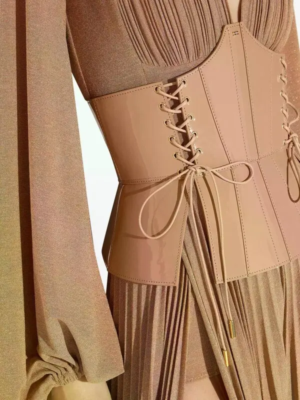 Elisabetta Franchi Long Sleeve Lamé-effect Jersey Gown With Bustier Belt - Neutrals