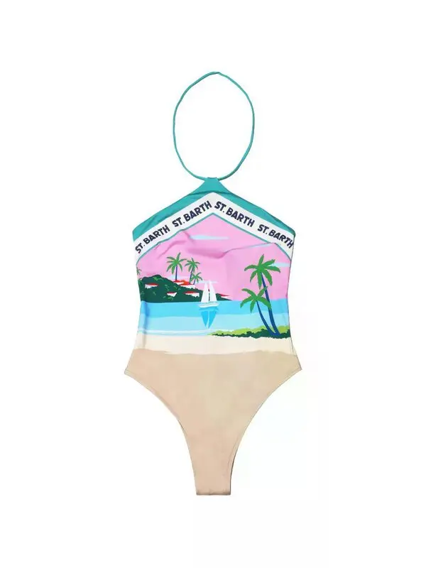 MC2 SAINT BARTH Graphic Print Halterneck Swimsuit - Neutrals