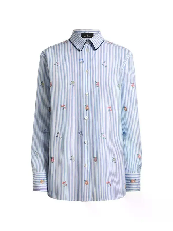 Etro Striped Cotton Jacquard Shirt With Trim And Fil Coupé Flower Motif - Blue
