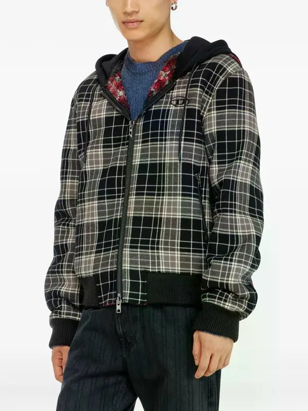 DIESEL® Check Flannel Bomber Jacket With Teddy Interior And Hood