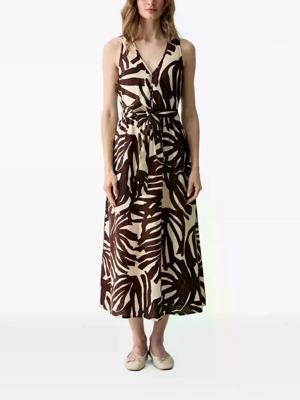 BENETTON Leaf-print Belted V-neck Dress