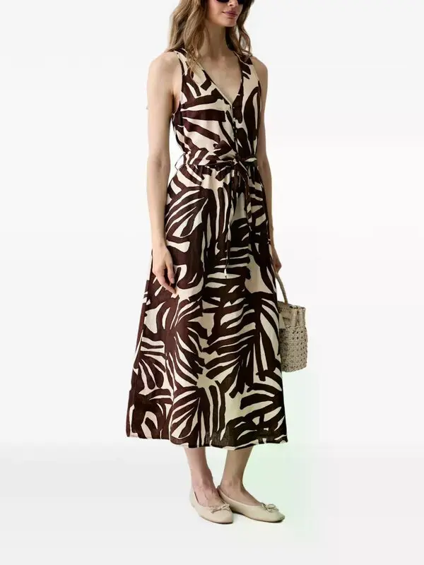 BENETTON Leaf-print Belted V-neck Dress