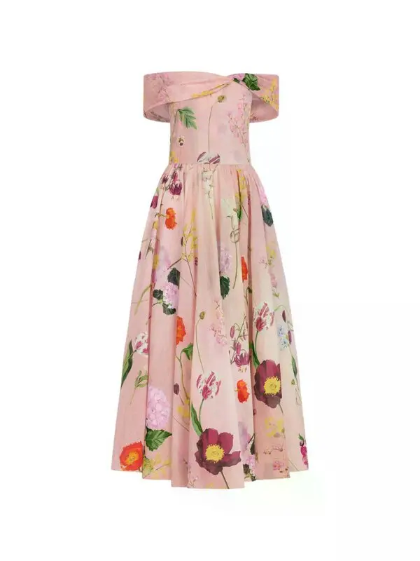 Oscar De La Renta Botanical-print Off-shoulder Midi Dress - Pink