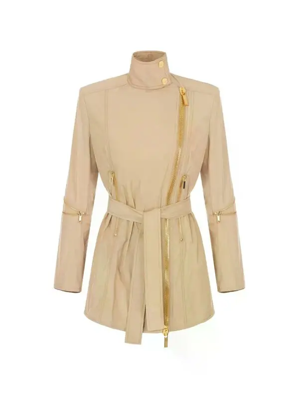 Elisabetta Franchi Taffeta Voile Jacket With Architectural Design And Gold Metal Zips - Neutrals