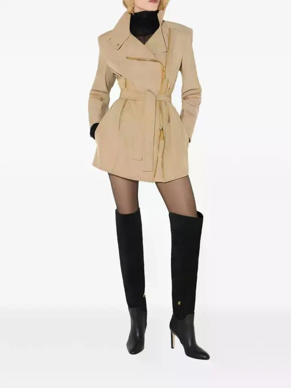 Elisabetta Franchi Taffeta Voile Jacket With Architectural Design And Gold Metal Zips - Neutrals