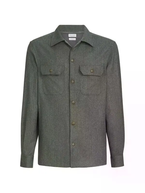 Brunello Cucinelli Virgin Wool Flannel Overshirt With Spread Collar And Chest Pockets - Green