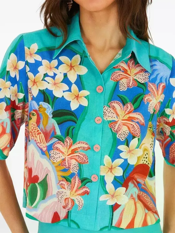 Farm Rio Garden Of Life Cropped Floral Shirt - Blue