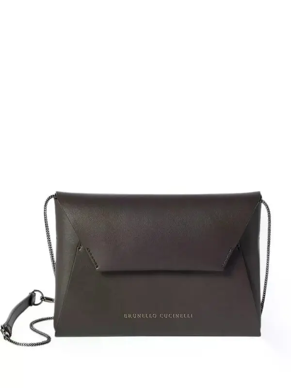 Brunello Cucinelli Duo Pochette In Calfskin With Precious Chain - Brown