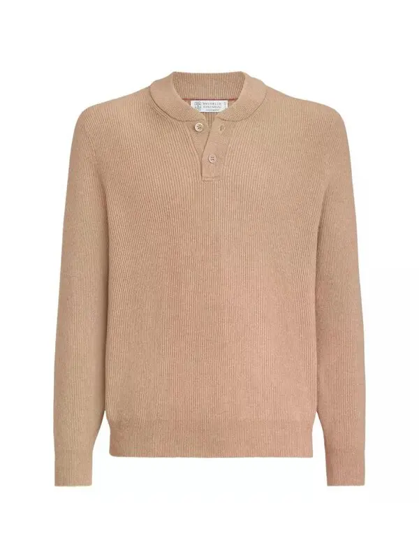 Brunello Cucinelli Cashmere English Rib Sweater With Henley Collar - Neutrals